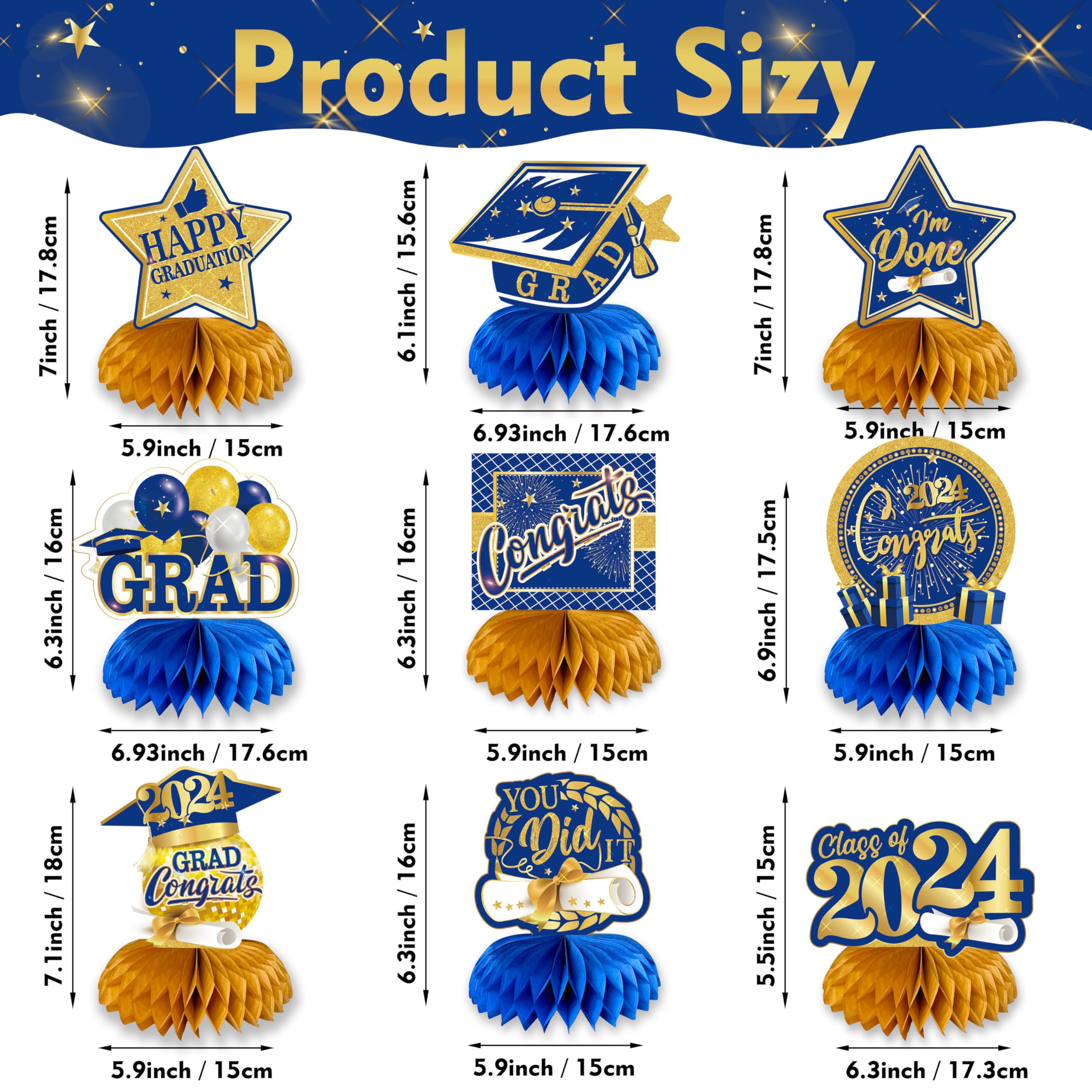 9 PCS Graduation Party Decorations Class of 2024 Black and Gold Congrats Grad Honeycomb Centerpieces for Tables 2024,Congratulate Graduation Table Toppers for Graduation Party Favor Supplies