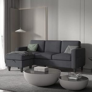 dark grey convertible sectional, modern linen fabric upholstered l-shaped couch with armrest pockets 3-seat sofa with reversible storage ottoman for living room small space apartment