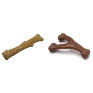 petstages dogwood wood alternative dog chew toy, medium and benebone wishbone durable dog chew toy for aggressive chewers, real peanut, made in usa, medium