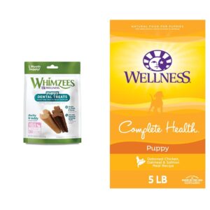 whimzees by wellness dental treats + puppy food bundle: xsmall/small 30 count + wellness complete health dry puppy food, added vitamins, minerals, and taurine, chicken, 5 pound trial bag