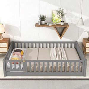 lls full floor bed for children, durable montessori floor bed with wood slats, safety fence & small door, wood floor bed frame for girls boys and children, gray (with bed slats)