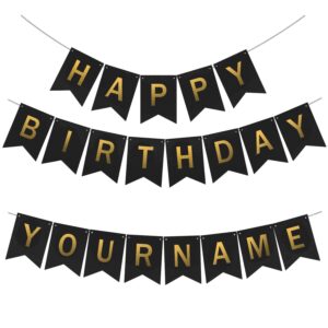 custom birthday banner, happy birthday bunting banner with name, make your own banner for bday party, black birthday sign with 26 a-z letter banners 2 set