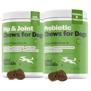 deley naturals probiotics + hip & joint for dogs, 2 x 120 grain free chicken soft chews, made in usa dog treats, natural