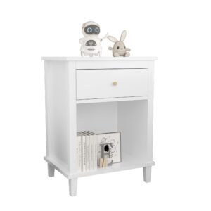 famikito nightstand with 1 drawer, 26.68 inch bedside furniture with open storage shelf for kids, girls, and boys, nightstand for bedroom, white