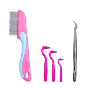 tick remover tool set - comb, tweezer, and flea comb for dogs, cats, and humans (3+1+1 pack), pink