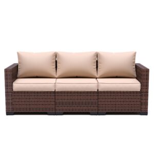 udpatio 3-seat patio wicker sofa, outdoor rattan sectional couch furniture steel frame w/furniture cover non-slip cushion and deep seating high back, khaki