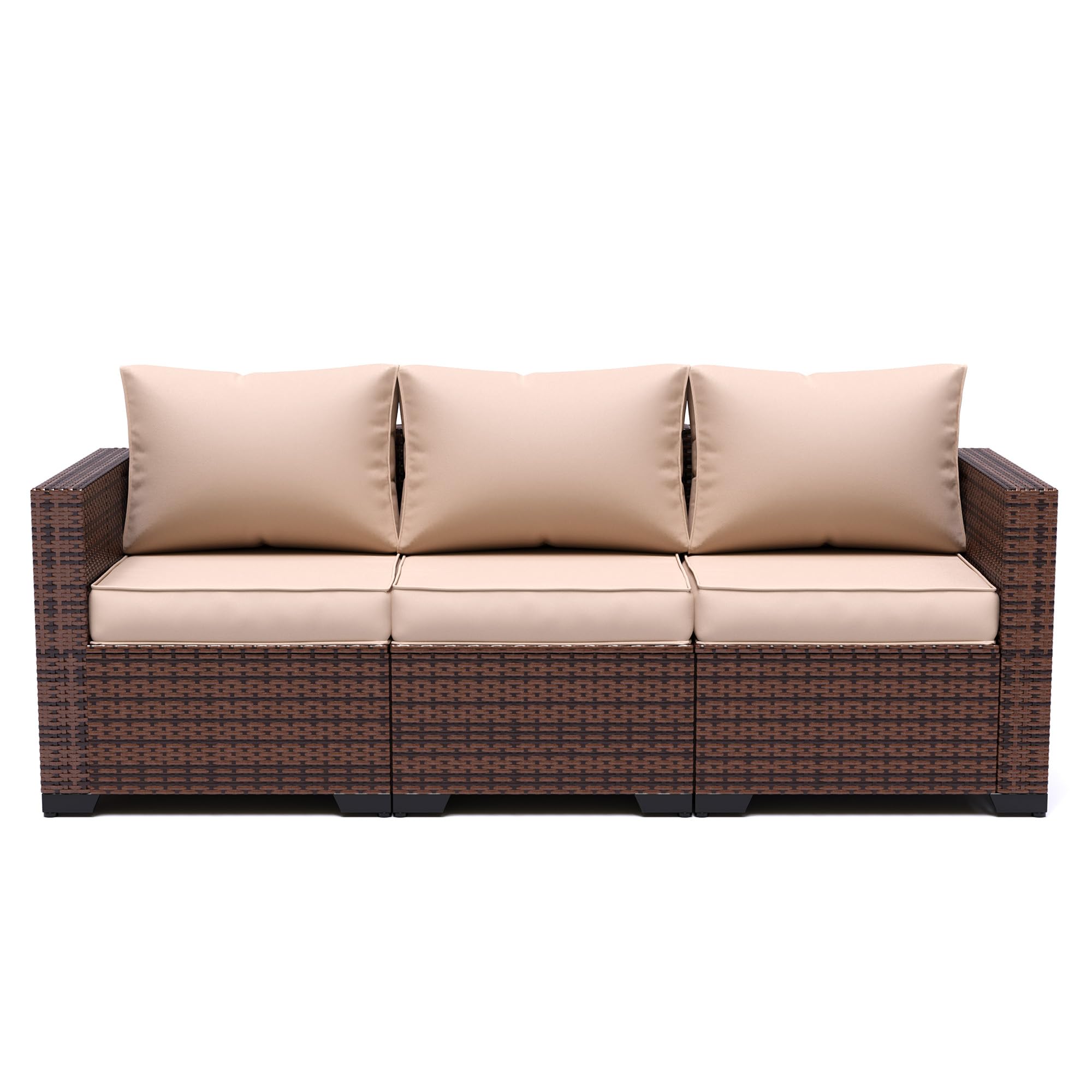 UDPATIO 3-Seat Patio Wicker Sofa, Outdoor Rattan Sectional Couch Furniture Steel Frame w/Furniture Cover Non-Slip Cushion and Deep Seating High Back, Khaki