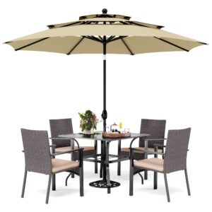 phi villa 5 pieces outdoor dining set with umbrella for 4, 37" square metal dining table & 4 cushioned wicker rattan chairs with 10ft beige umbrella for patio, deck, yard, porch