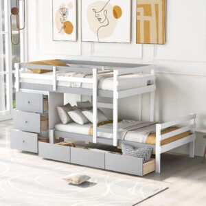 low loft bed with storage drawers and dresser, wood twin over twin bunk bed frame for 2 kids, modern junior loft beds with storage and platform bed for boys girls teens, gray