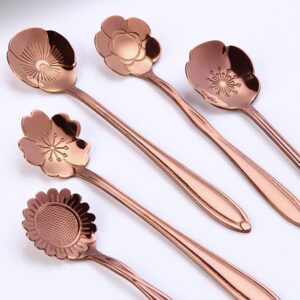 9 Pcs Flower Spoon Coffee Teaspoon Set, ESRISE Stainless Steel Tea Spoon essert Spoon, Cute Demitasse Scoop for Stirring Drink Mixing Milkshake Jam (Rose Gold)