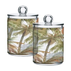 kigai abstract palm tree qtip holder dispenser - 14oz clear plastic apothecary jars food storage jar with lids bathroom canister organizer for coffee, tea, candy, floss (2pack)