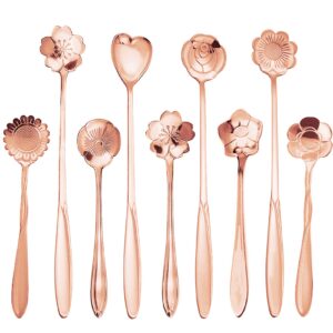 9 pcs flower spoon coffee teaspoon set, esrise stainless steel tea spoon essert spoon, cute demitasse scoop for stirring drink mixing milkshake jam (rose gold)