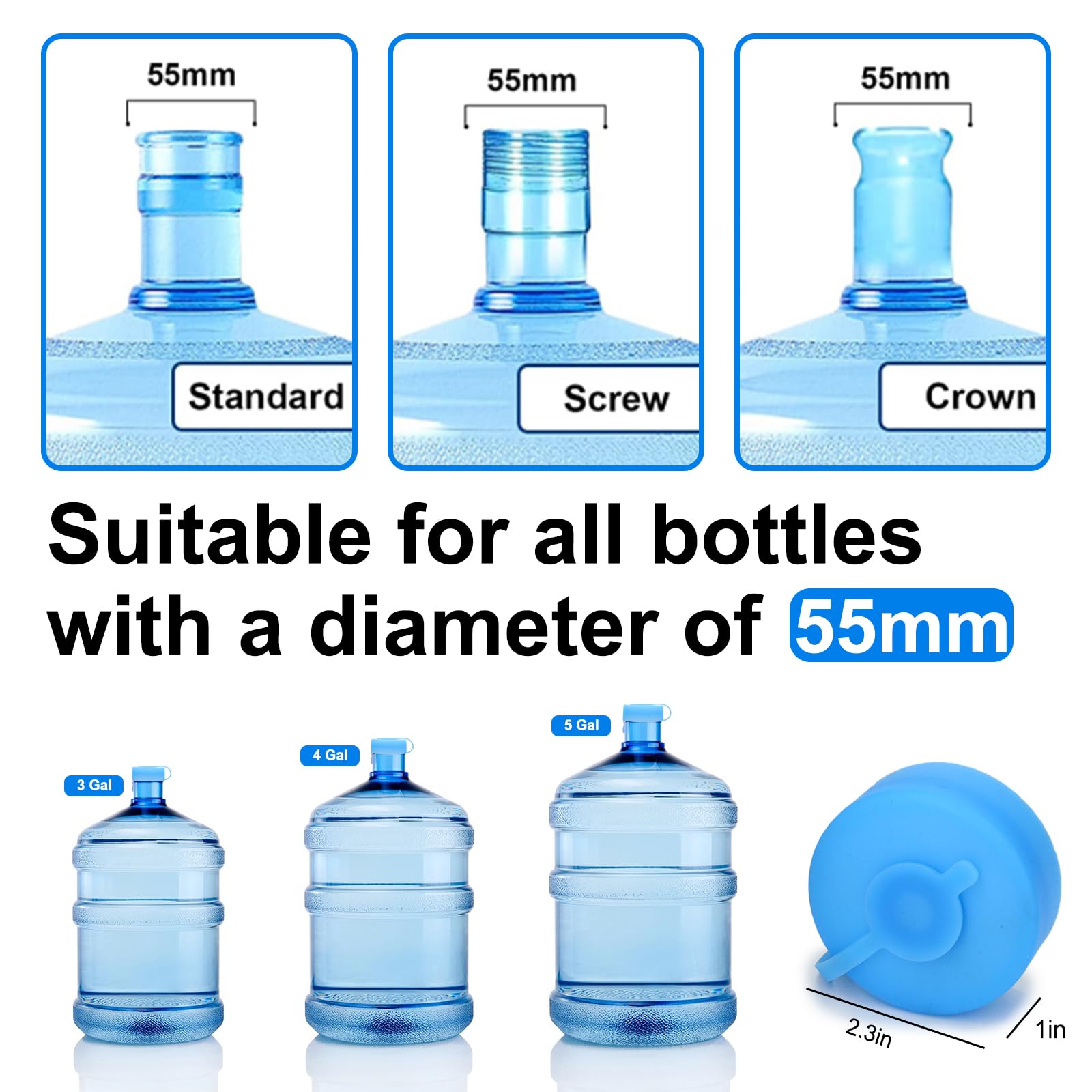 Myvision Secure Cap for Water Dispenser 3-5 Gallon Water Jug Cap Reusable, Silicone Replacement Cap, Non Spill Bottle Caps for 2.16in/55mm Bottle Water Dispenser Caps (4)