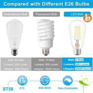 Sailstar E26 LED Bulb 60 Watt Equivalent, Light Bulbs 60 Watt Soft White 3000K, 800LM Edison Bulbs 60 Watt LED, LED Edison Bulb for Dining Bathroom Vanity, 120V, CRI85+, 6W, Non-dimmable, 6 Pack