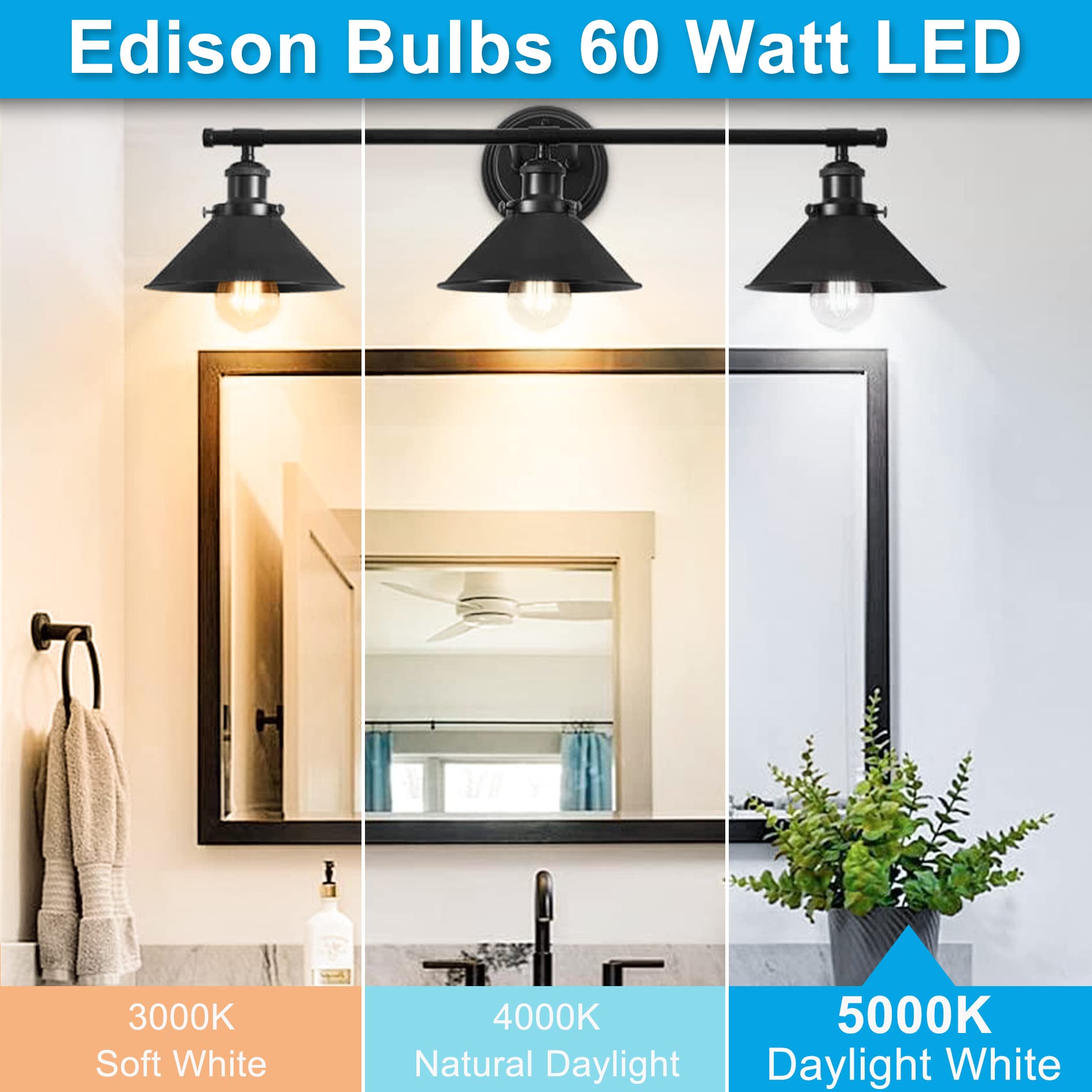 Sailstar E26 LED Bulb 60 Watt Equivalent, Light Bulbs 60 Watt Soft White 3000K, 800LM Edison Bulbs 60 Watt LED, LED Edison Bulb for Dining Bathroom Vanity, 120V, CRI85+, 6W, Non-dimmable, 6 Pack