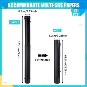 12 Pcs Black Poster Tube Bulk Extendable Blueprint Holder Expand from 24.5 to 40 Inch Portable Folder Organizer with Shoulder Straps and Lids for Maps, Documents, Drawings, Artworks, Scrolls