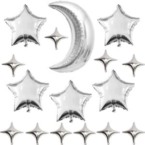 jansong 16 pcs silver moon star foil balloons jumbo mylar foil balloons large moon for baby shower bar theme valentines engagement wedding decors anniversary birthday decorations party supplies