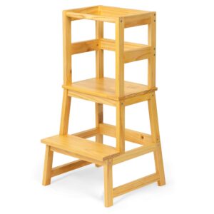 play platoon toddler kitchen stool - light wood wooden step stool tower for kids kitchen counter learning, standing tower for kitchen counter, 3 heights adjustable solid wood, non-slip mat for safety