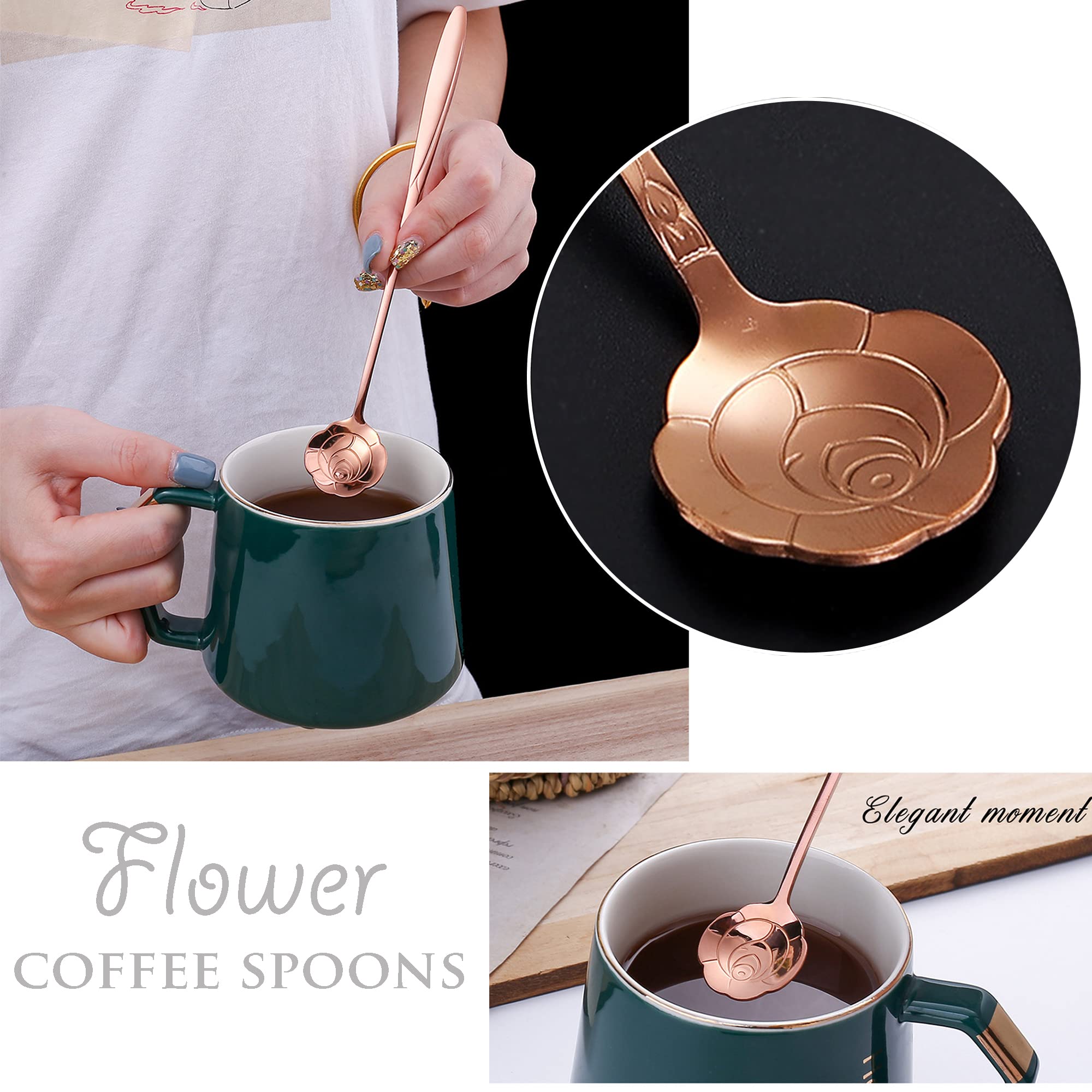 9 Pcs Flower Spoon Coffee Teaspoon Set, ESRISE Stainless Steel Tea Spoon essert Spoon, Cute Demitasse Scoop for Stirring Drink Mixing Milkshake Jam (Rose Gold)