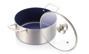 eternal living nonstick stock pot stainless steel and ceramic infused cooking pot with lid, blue 4.5 qt