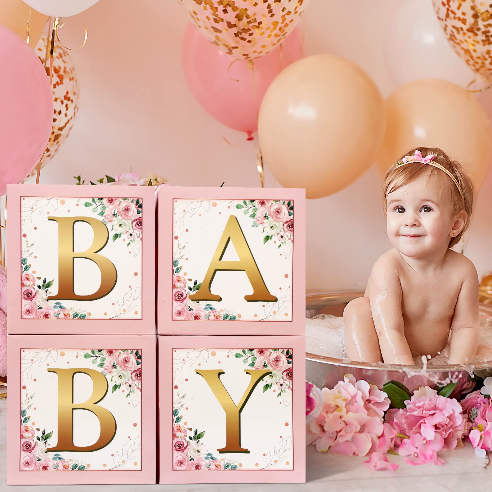 Baby Boxes with Letters for Baby Shower, Rustic Floral Pink Baby Shower Backdrop Blocks Box Birthday Party Gender Reveal Photo Props for Baby Girl Boy Shower Decorations