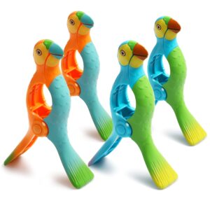 beach towel clips, kaluofan 4pcs towel clips for beach chairs, strong beach chair clips for towels, vivid parrot shape beach accessories (blue+orange)