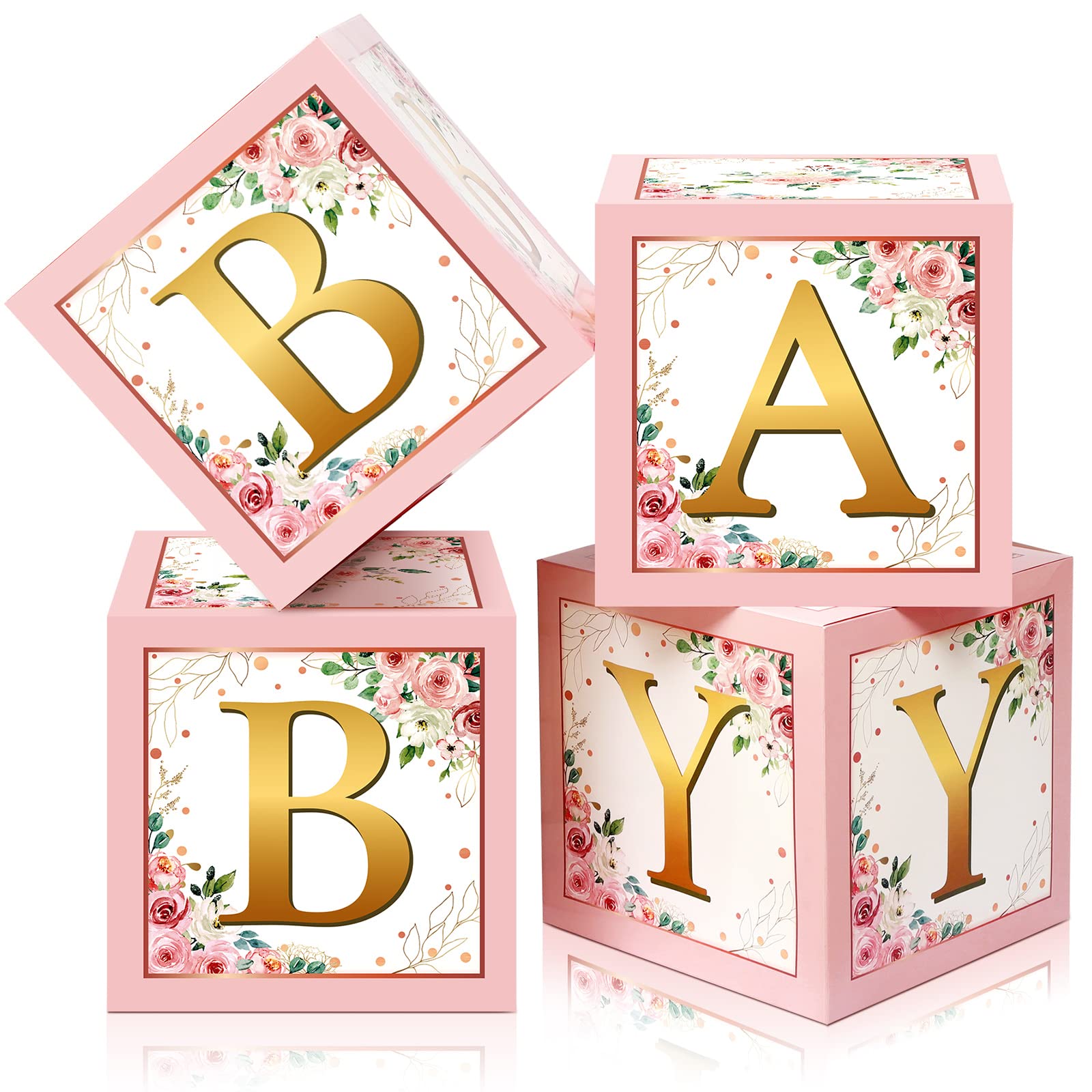 Baby Boxes with Letters for Baby Shower, Rustic Floral Pink Baby Shower Backdrop Blocks Box Birthday Party Gender Reveal Photo Props for Baby Girl Boy Shower Decorations