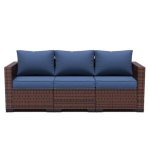 udpatio 3-seat patio wicker sofa, outdoor rattan sectional couch furniture steel frame w/furniture cover non-slip cushion and deep seating high back, navy