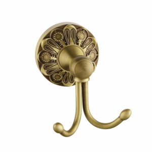 lucyound antique brass towel hook, wall mounted bathroom double hook for clothing & robe hanger, screws install shower wall hook, vintage petal-relief series