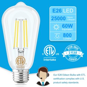 Sailstar E26 LED Bulb 60 Watt Equivalent, Light Bulbs 60 Watt Soft White 3000K, 800LM Edison Bulbs 60 Watt LED, LED Edison Bulb for Dining Bathroom Vanity, 120V, CRI85+, 6W, Non-dimmable, 6 Pack