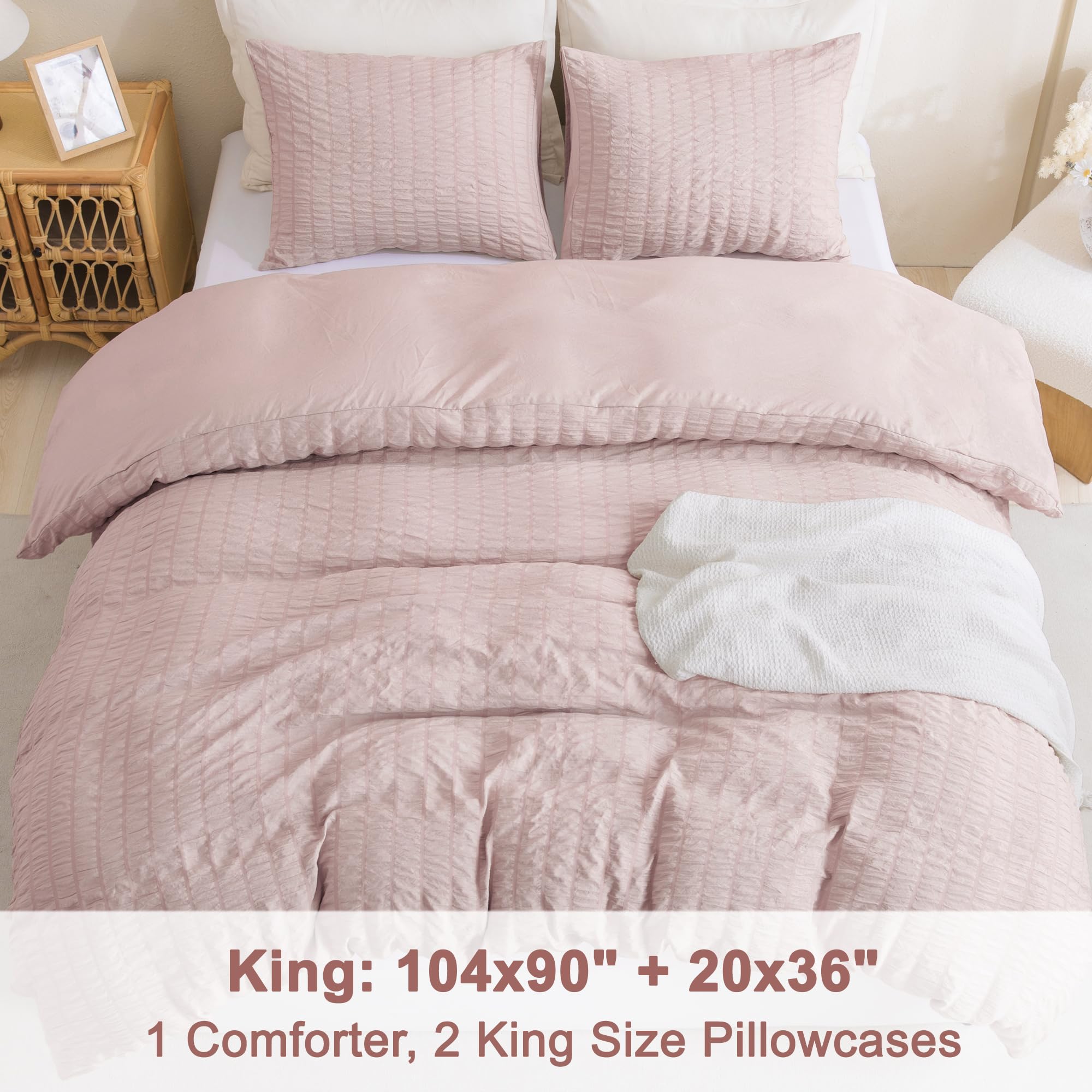 Litanika Pink Full Size Comforter Sets for Girls, 3 Pieces Cute Blush Women Lightweight Seersucker Bedding Set & Collections, Soft Bed Set as Gifts (79x90In Comforter & 2 Pillowcases)