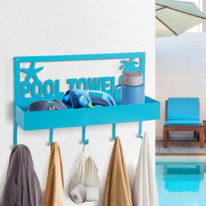 pool towel rack - 2-in-1 outdoor poolside beach washcloth drying rack holder, wall mounted metal hooks decor for bath towel storage, robe swimsuit, coat, bags, phone, keys - blue