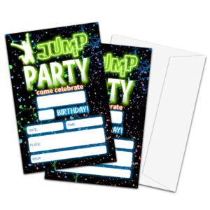 tiofuno glow jump birthday party invitations(4" x 6"), trampoline park bounce house party fill-in invites, 20 invitation cards with envelopes-b03