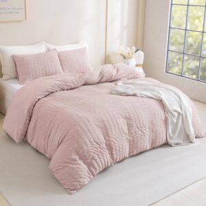 Litanika Pink Full Size Comforter Sets for Girls, 3 Pieces Cute Blush Women Lightweight Seersucker Bedding Set & Collections, Soft Bed Set as Gifts (79x90In Comforter & 2 Pillowcases)