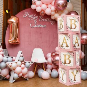 Baby Boxes with Letters for Baby Shower, Rustic Floral Pink Baby Shower Backdrop Blocks Box Birthday Party Gender Reveal Photo Props for Baby Girl Boy Shower Decorations