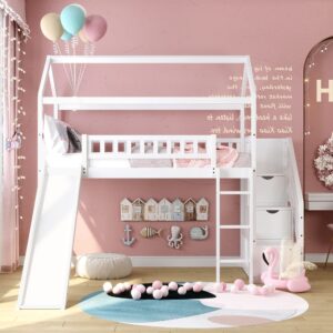 citylight twin loft bed with stairs and slide, wooden house loft bed with slide, loft bed twin with storage staircase, kids loft bed frame for girls or boys,no box spring needed, white