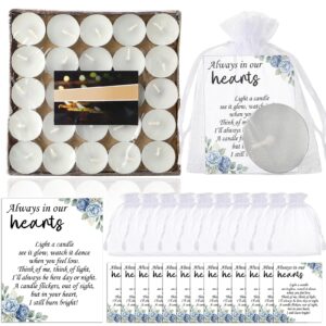 50 set funeral party favors memorial white candles unscented funeral gifts tealight candles with condolence bereavement cards and organza bags for guest celebration of life decorations (elegant)