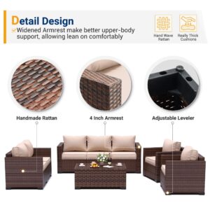 UDPATIO 3-Seat Patio Wicker Sofa, Outdoor Rattan Sectional Couch Furniture Steel Frame w/Furniture Cover Non-Slip Cushion and Deep Seating High Back, Khaki