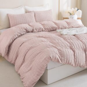 Litanika Pink Full Size Comforter Sets for Girls, 3 Pieces Cute Blush Women Lightweight Seersucker Bedding Set & Collections, Soft Bed Set as Gifts (79x90In Comforter & 2 Pillowcases)