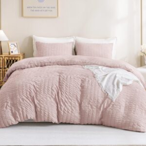 litanika pink full size comforter sets for girls, 3 pieces cute blush women lightweight seersucker bedding set & collections, soft bed set as gifts (79x90in comforter & 2 pillowcases)