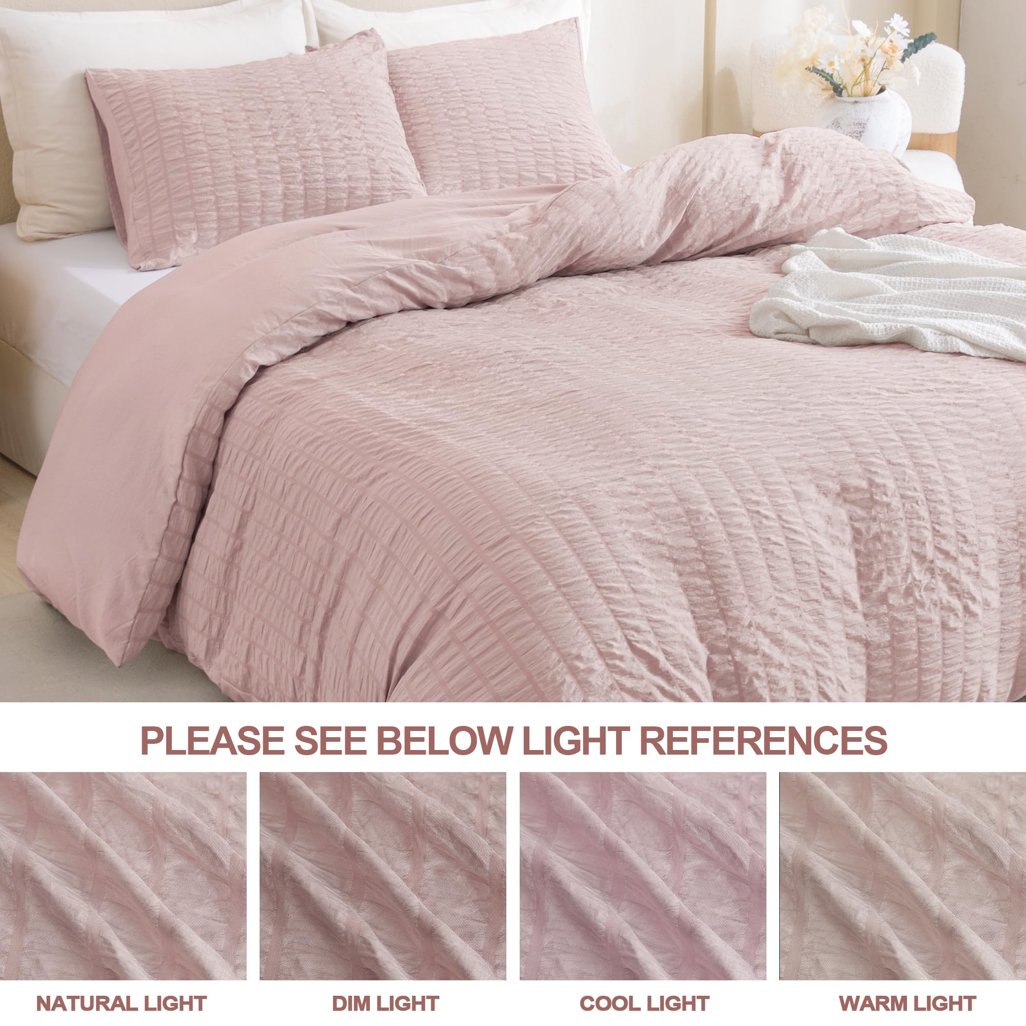 Litanika Pink Full Size Comforter Sets for Girls, 3 Pieces Cute Blush Women Lightweight Seersucker Bedding Set & Collections, Soft Bed Set as Gifts (79x90In Comforter & 2 Pillowcases)