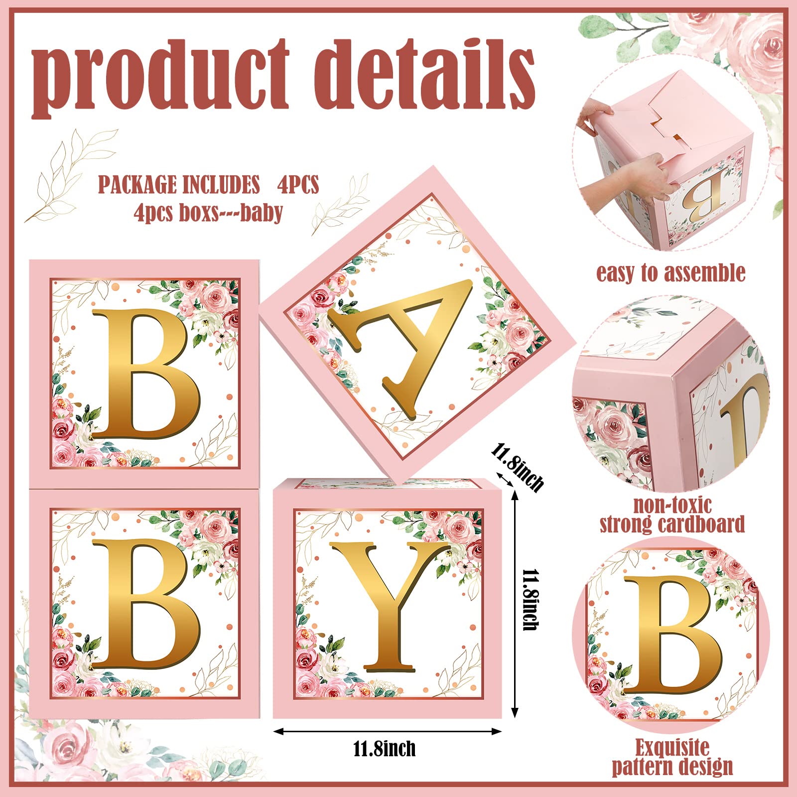 Baby Boxes with Letters for Baby Shower, Rustic Floral Pink Baby Shower Backdrop Blocks Box Birthday Party Gender Reveal Photo Props for Baby Girl Boy Shower Decorations