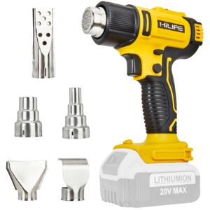 hilipe cordless heat gun for dewalt 20v battery,lithium hot air gun, 5 nozzle attachments,2-temp setting max 1022°f(550°c),heat gun for shrink wrapping, tube bending (tool only, no battery)