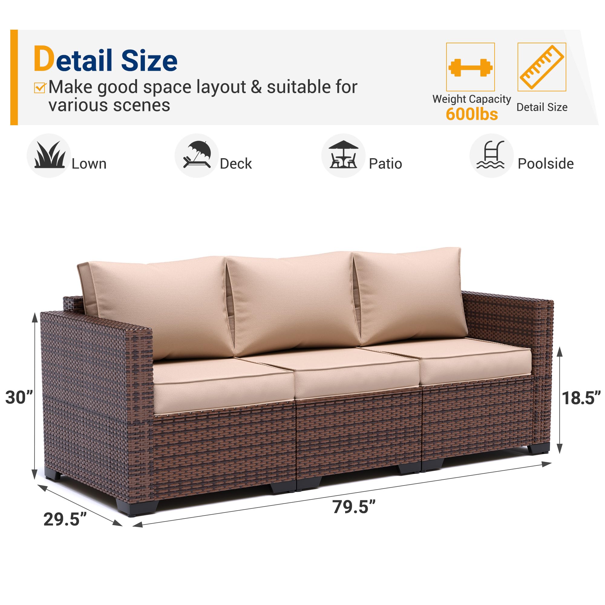 UDPATIO 3-Seat Patio Wicker Sofa, Outdoor Rattan Sectional Couch Furniture Steel Frame w/Furniture Cover Non-Slip Cushion and Deep Seating High Back, Khaki