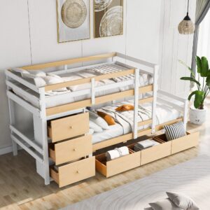 bellemave low loft bed with storage drawers and dresser, wood twin over twin bunk bed frame for 2 kids, modern junior loft beds with storage and platform bed for boys girls teen,white with natural