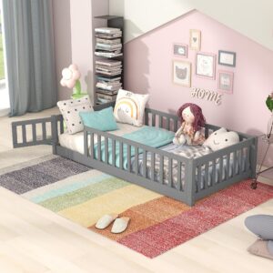 citylight twin size floor bed with rails and door, wood montessori floor bed twin size with support slats, kids twin bed frame for boys,girls, grey