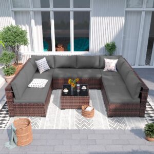 amopatio 9 pieces patio furniture set all weather outdoor sectional sofa, outdoor modern sectional furniture wicker couch with glass coffee table, thicken grey cushions, waterproof cover