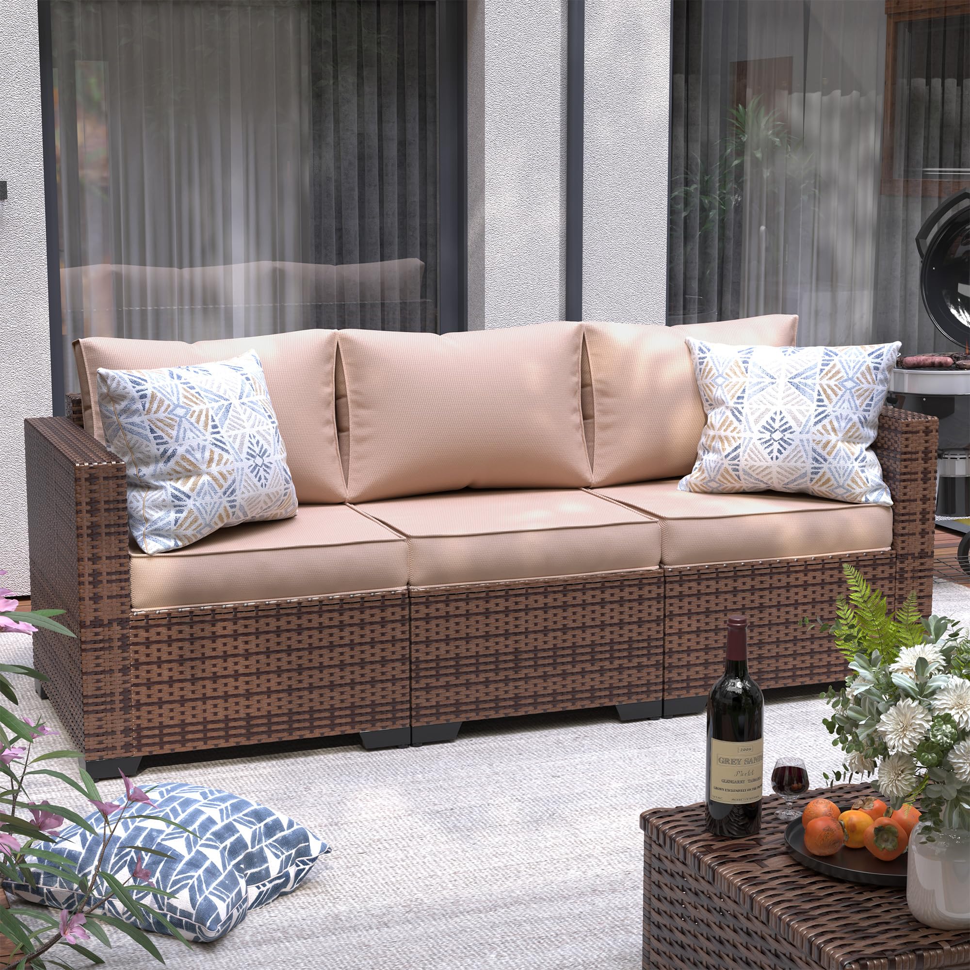 UDPATIO 3-Seat Patio Wicker Sofa, Outdoor Rattan Sectional Couch Furniture Steel Frame w/Furniture Cover Non-Slip Cushion and Deep Seating High Back, Khaki