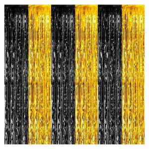 ohiyoo 5 pack black and gold fringe curtain backdrop 3.2ft x 8.2ft metallic tinsel foil fringe curtains for photo booth props birthday party decorations wedding graduation carnival party decorations