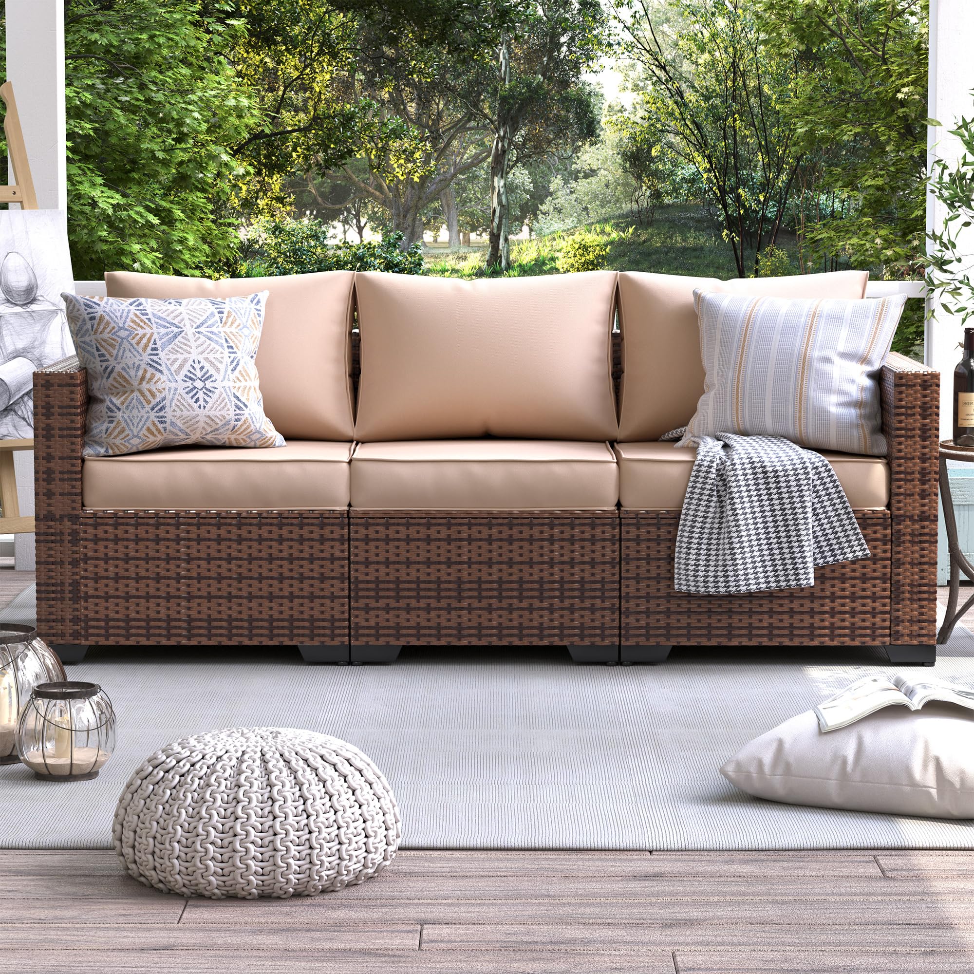 UDPATIO 3-Seat Patio Wicker Sofa, Outdoor Rattan Sectional Couch Furniture Steel Frame w/Furniture Cover Non-Slip Cushion and Deep Seating High Back, Khaki